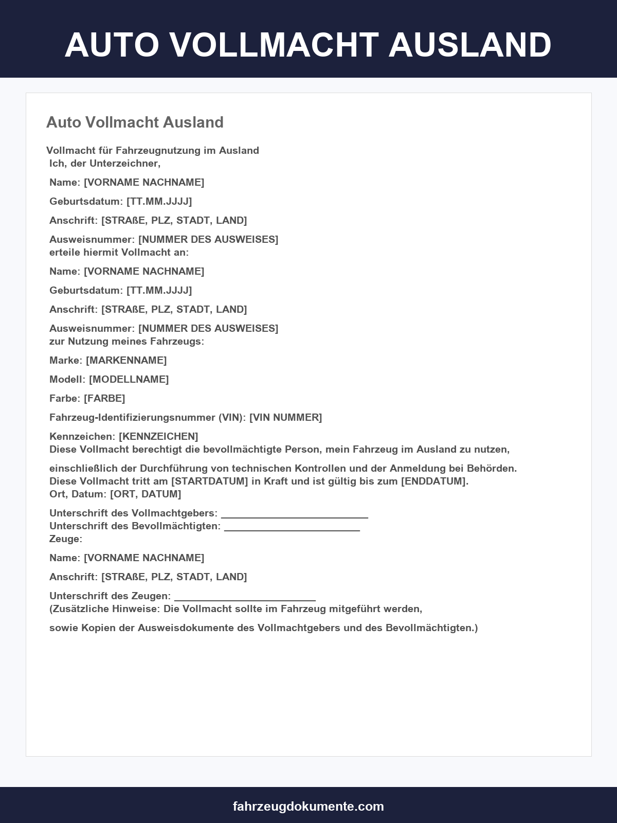 Auto Vollmacht Ausland